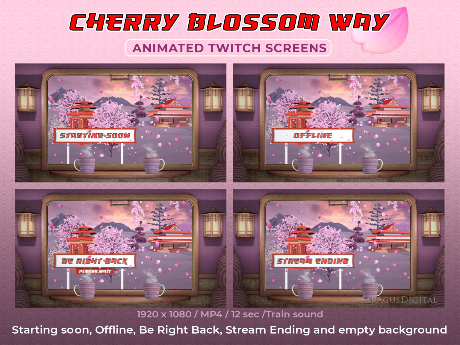 Cherry Blossom Twitch Screens and Animated Vtuber Background, Cute Stream Overlays Train and ...