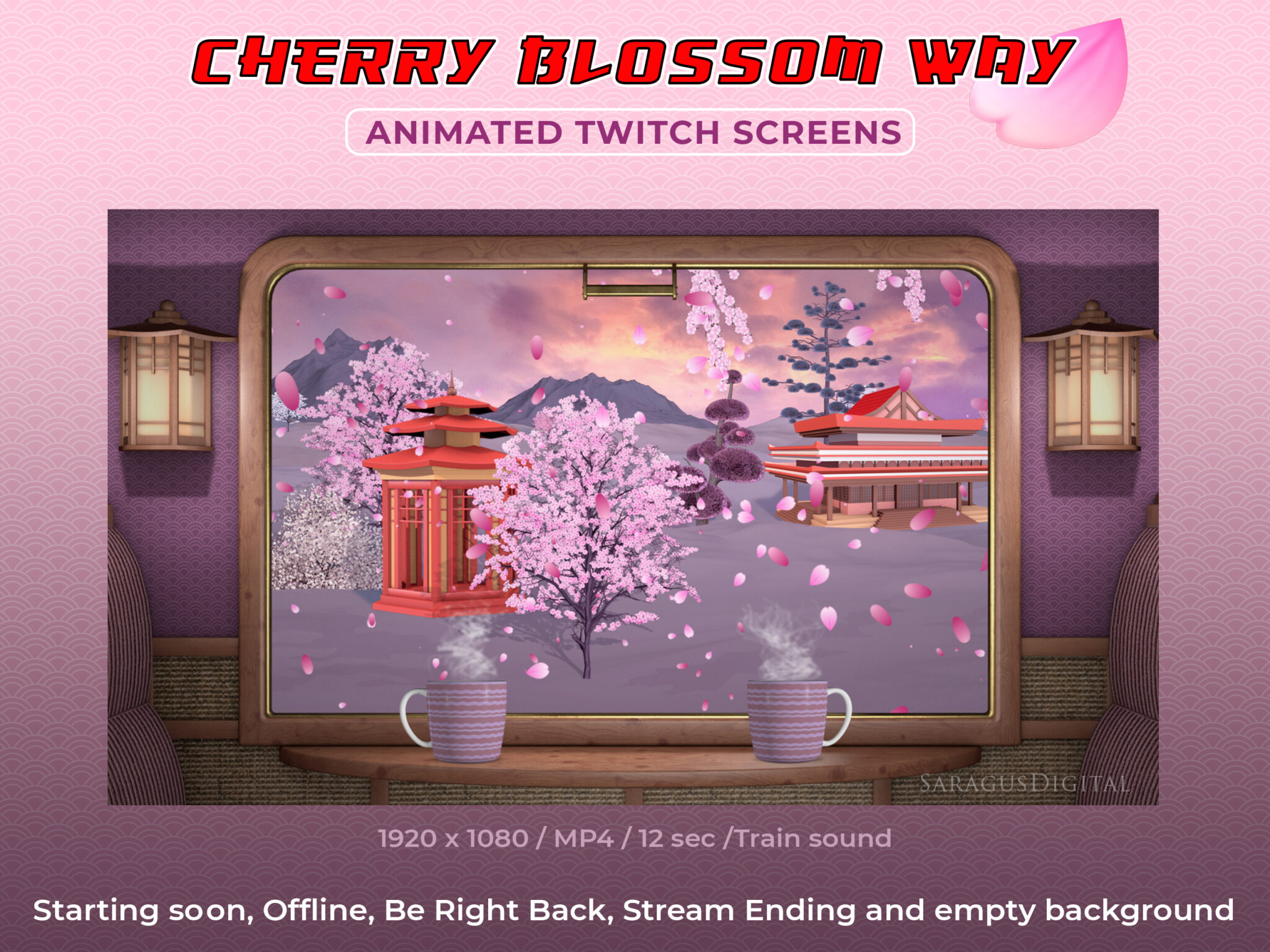 Cherry Blossom Twitch Screens and Animated Vtuber Background, Cute Stream Overlays Train and ...