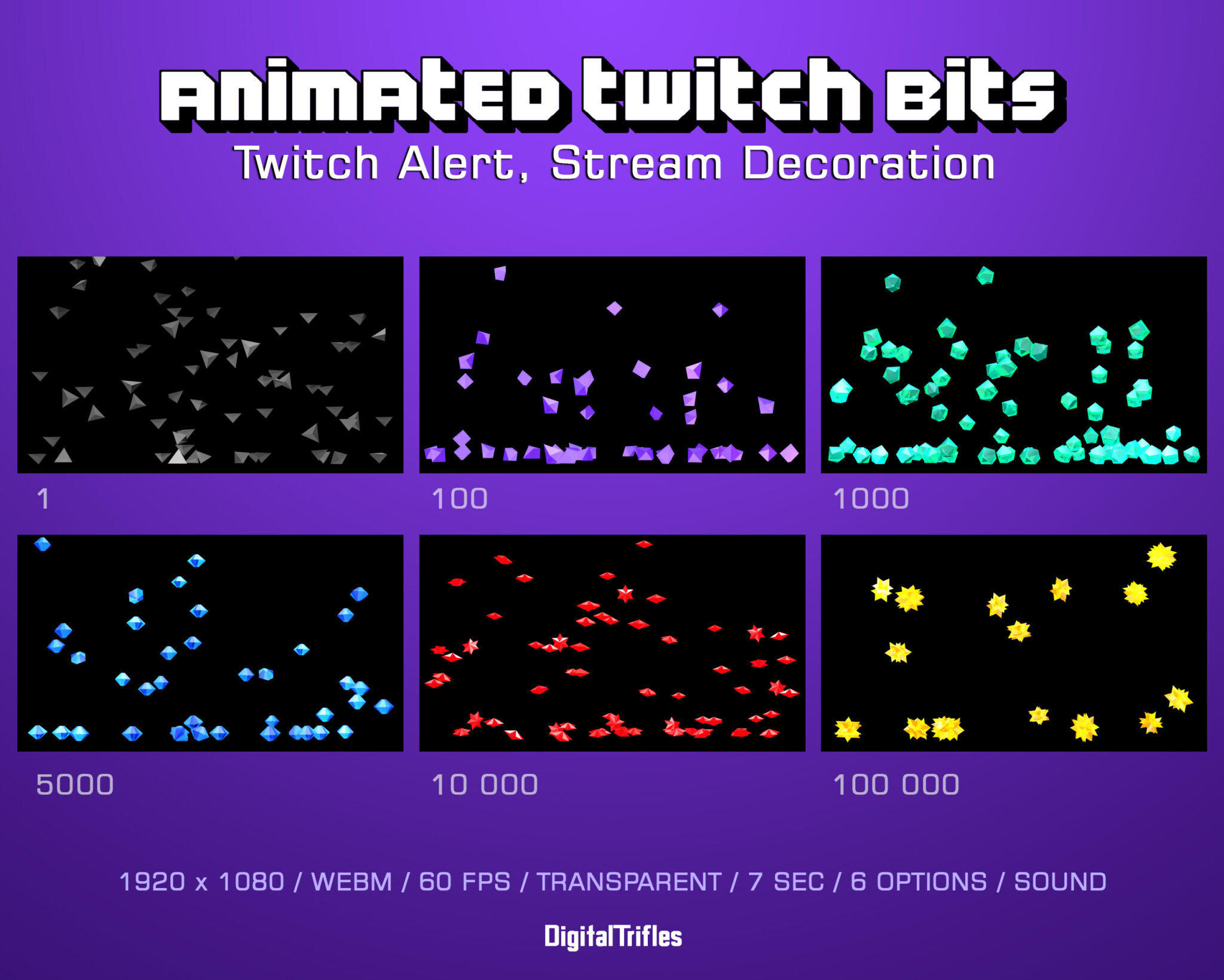Animated Bits stream package, 6 fullscreen Twitch alerts, 3d Bits gems ...