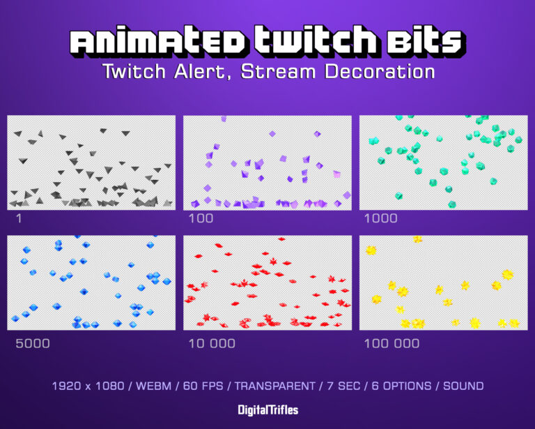 Animated Bits stream package, 6 fullscreen Twitch alerts, 3d Bits gems, transparent, new cheer ...
