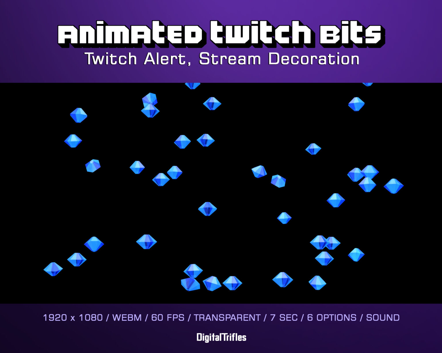 Animated Bits stream package, 6 fullscreen Twitch alerts, 3d Bits gems ...