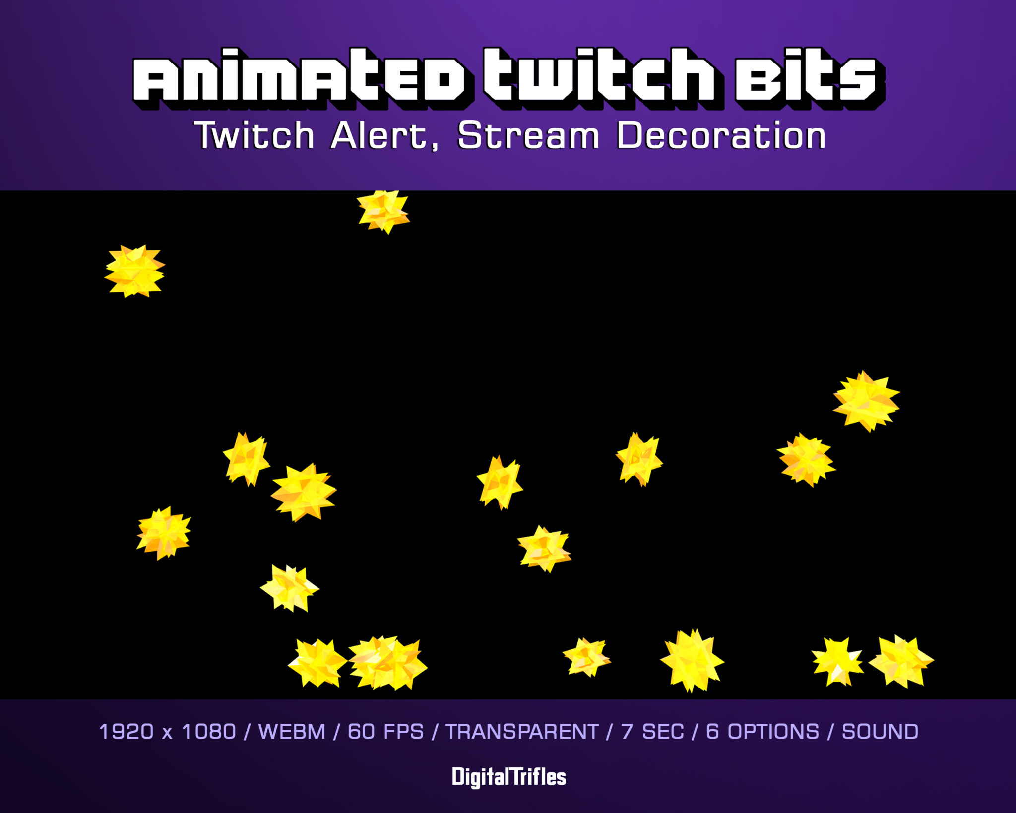 Animated Bits stream package, 6 fullscreen Twitch alerts, 3d Bits gems ...