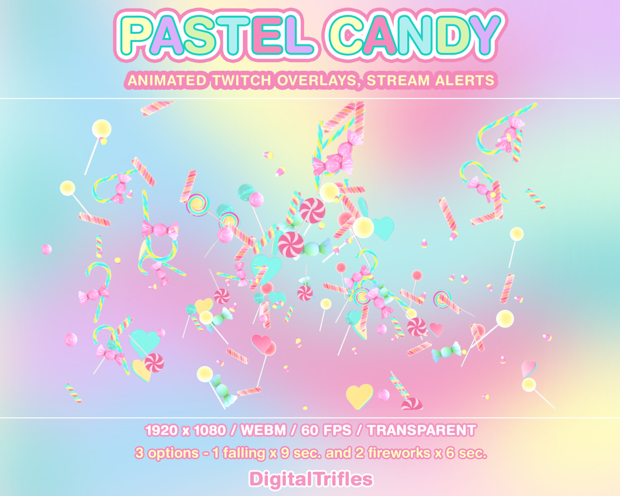 Animated pastel candy Twitch overlays, cute stream alerts, falling and ...